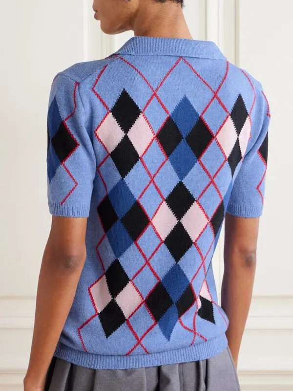 Marni Embroidered Argyle Wool Polo Shirt - Blue