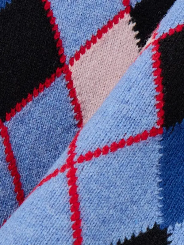 Marni Embroidered Argyle Wool Polo Shirt - Blue