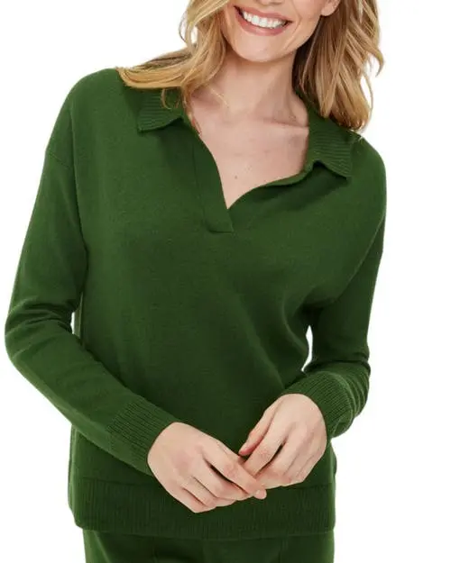 Chinti & Parker Wool Cashmere Blend V-neck Collared Sweater - Moss