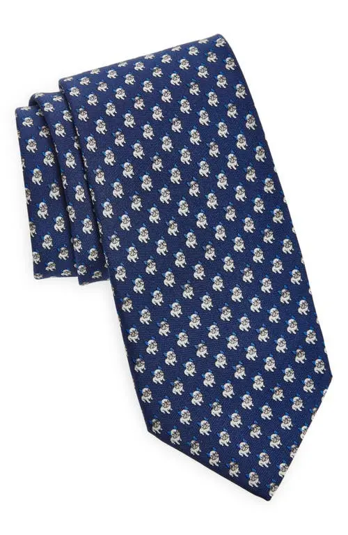 FERRAGAMO Zeus Dog Print Silk Twill Neck Tie - Navy
