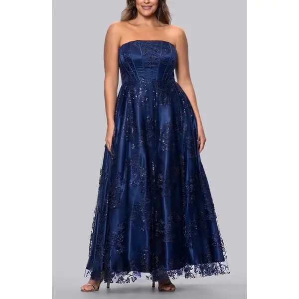 BLONDIE NITES Glitter Mesh Corset A-line Gown - Navy