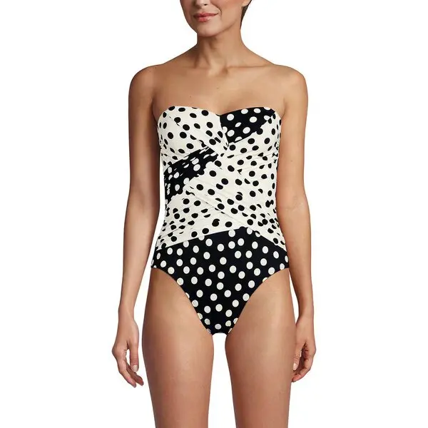 LANDS' END Shine Bandeau One Piece Swimsuit - Black/egret Mixed Tossed Dots