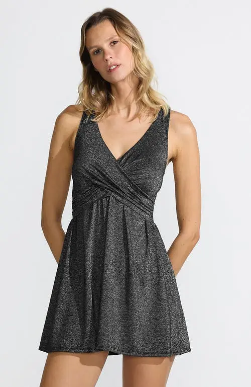 LANDS' END Slendersuit V-neck Wrap Swim Dress - Black Shine