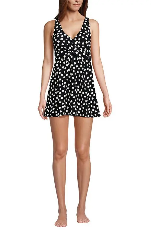 LANDS' END Slendersuit V-neck Wrap Swim Dress - Black/egret White Tossed Dots