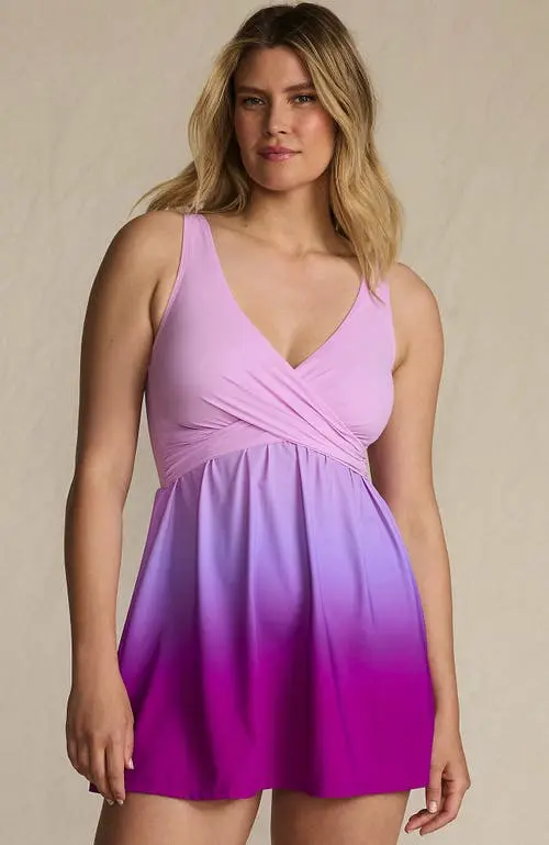 LANDS' END Slendersuit V-neck Wrap Swim Dress - Crimson Rose/purple Ombre