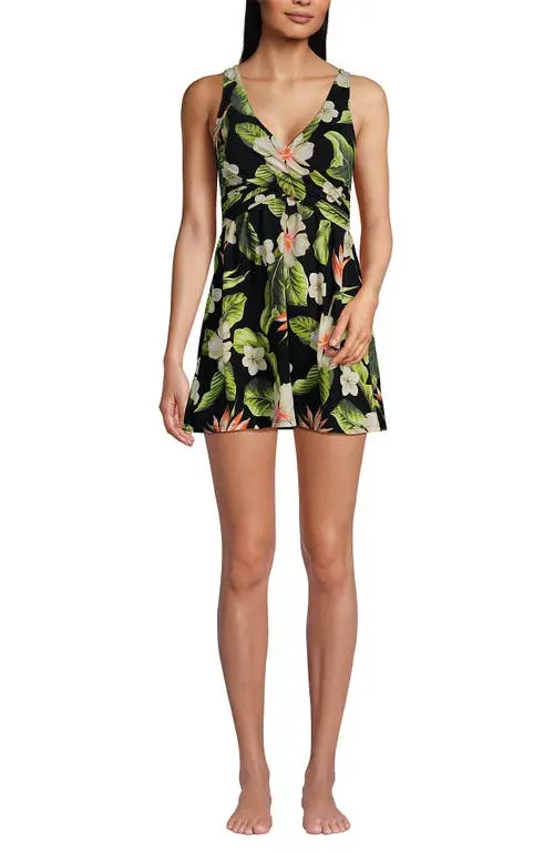 LANDS' END Slendersuit V-neck Wrap Swim Dress - Hibiscus Floral/black