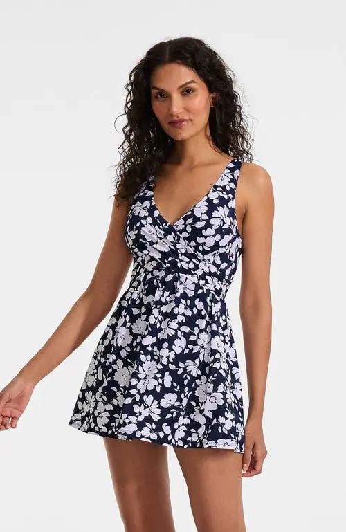 LANDS' END Slendersuit V-neck Wrap Swim Dress - Navy Blossom Floral