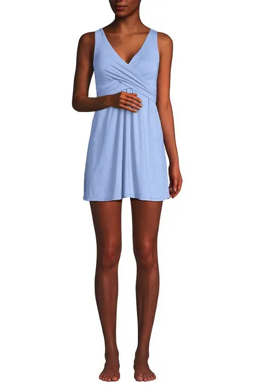 LANDS' END Slendersuit V-neck Wrap Swim Dress - Soft Cloud Blue Shine