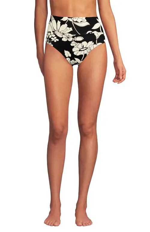 LANDS' END Chlorine Resistant High Waisted Bikini Bottoms - Black/egret Lilies