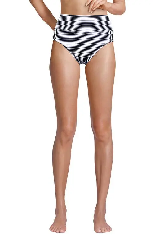 LANDS' END Chlorine Resistant High Waisted Bikini Bottoms - Deep Sea Navy Mini Stripe