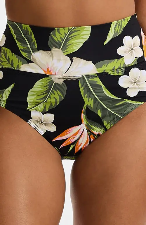 LANDS' END Chlorine Resistant High Waisted Bikini Bottoms - Hibiscus Floral/black