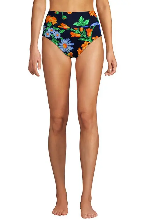 LANDS' END Chlorine Resistant High Waisted Bikini Bottoms - Navy/exploded Poppy Floral