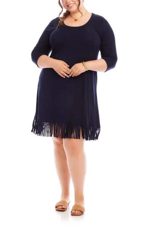 Karen Kane Fringe Trim Scoop Neck Dress - Navy