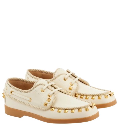 Valentino Garavani Palm Avenue Rockstud Leather Boat Shoes - White