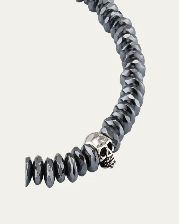 JAN LESLIE Hematite Beaded Bracelet With Sterling Silver Skull