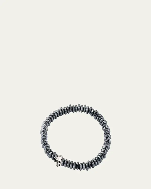 JAN LESLIE Hematite Beaded Bracelet With Sterling Silver Skull