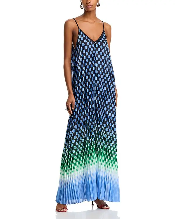 Essentiel Antwerp Printed Deep V-neck Pleated Maxi Dress - Aqua Blue
