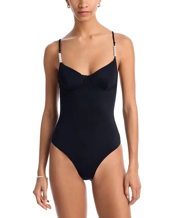 Aqua Faux Pearl Embellished Underwire One Piece Swimsuit - Black