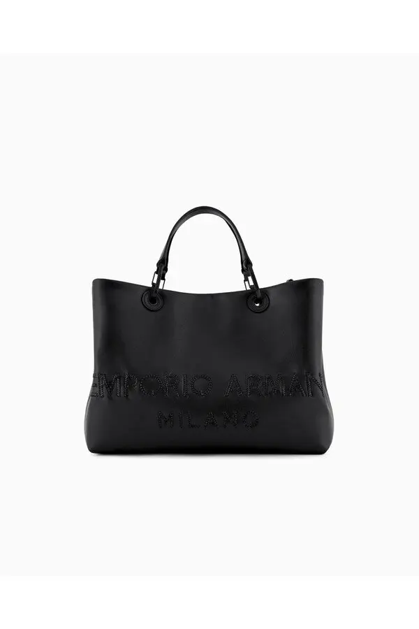 Emporio Armani Myea Interwoven Logo Leather Shopper Bag - Black