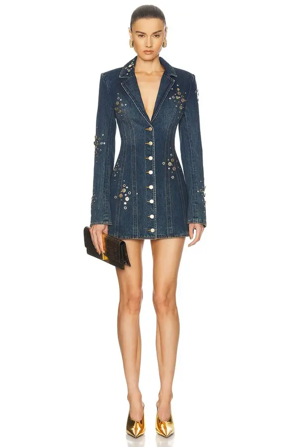 AREA Crystal Embellished Denim Blazer Dress