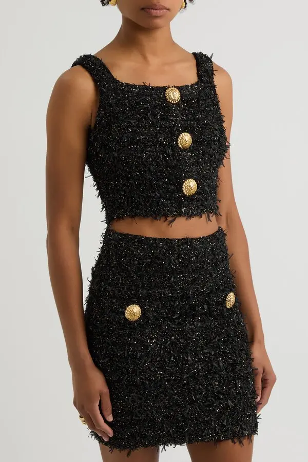 Balmain Frayed Cropped Bouclé Tweed Top