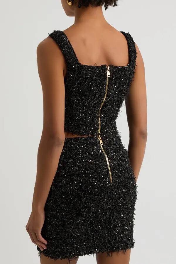 Balmain Frayed Cropped Bouclé Tweed Top
