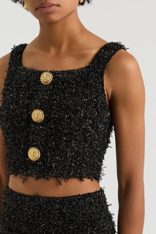 Balmain Frayed Cropped Bouclé Tweed Top