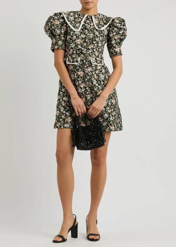 sister jane green floral dress SisterJane Green & Navy Jacquard Mini Dress with Diamonte Brooches – SYBIL  Boutique main image 1