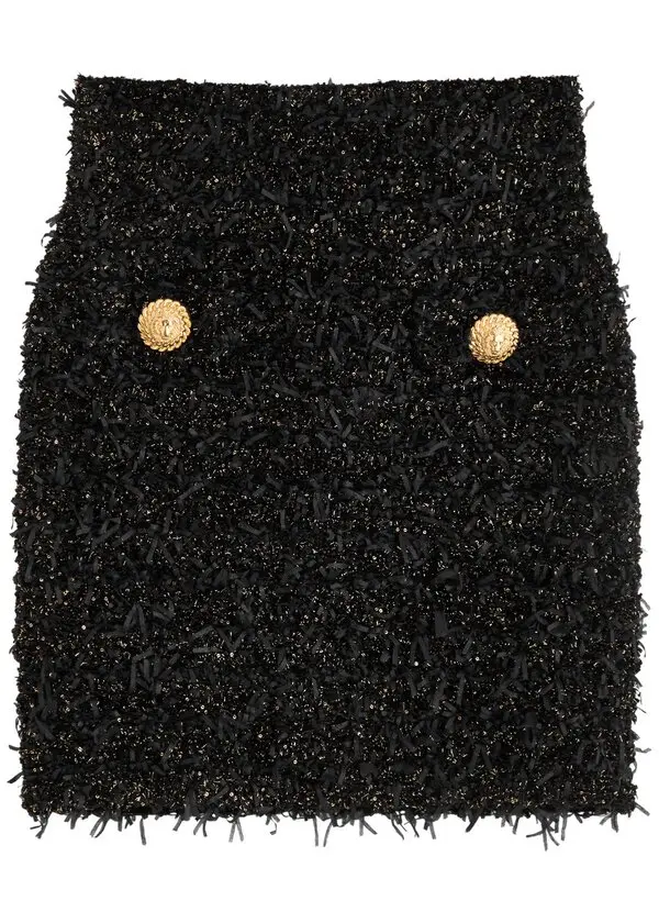 Balmain Frayed Embellished Tweed Mini Skirt - Black