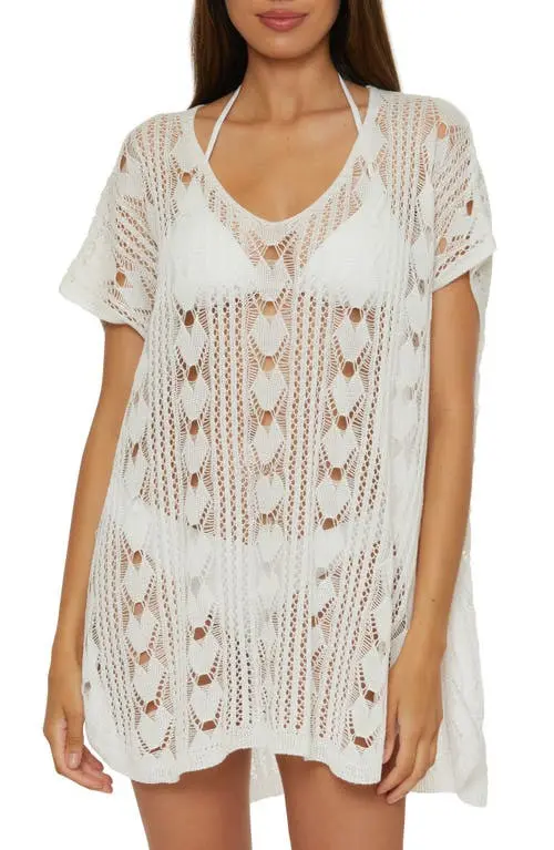 BECCA By Rebecca Virtue Venica V-neck Open Knit Cover-up Sweater Tunic - White