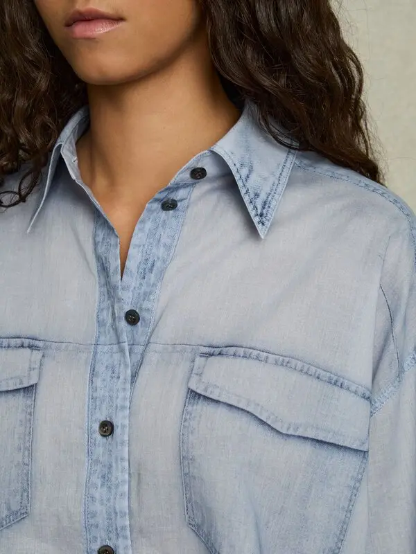 REISS Darcy Cotton Denim-print Cropped Shirt