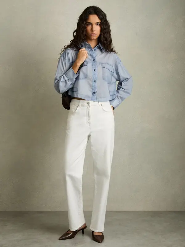 REISS Darcy Cotton Denim-print Cropped Shirt