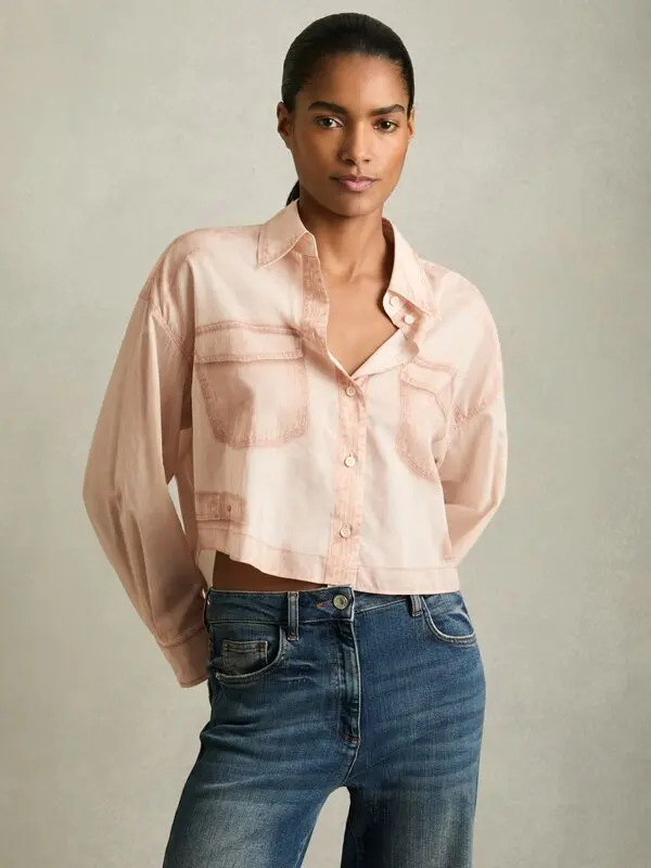 REISS Darcy Cotton Denim-print Cropped Shirt