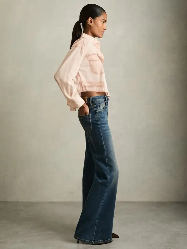 REISS Darcy Cotton Denim-print Cropped Shirt
