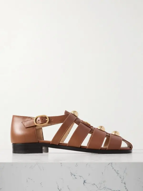 Valentino Garavani Vlogo Stud-embellished Leather Sandals - Brown