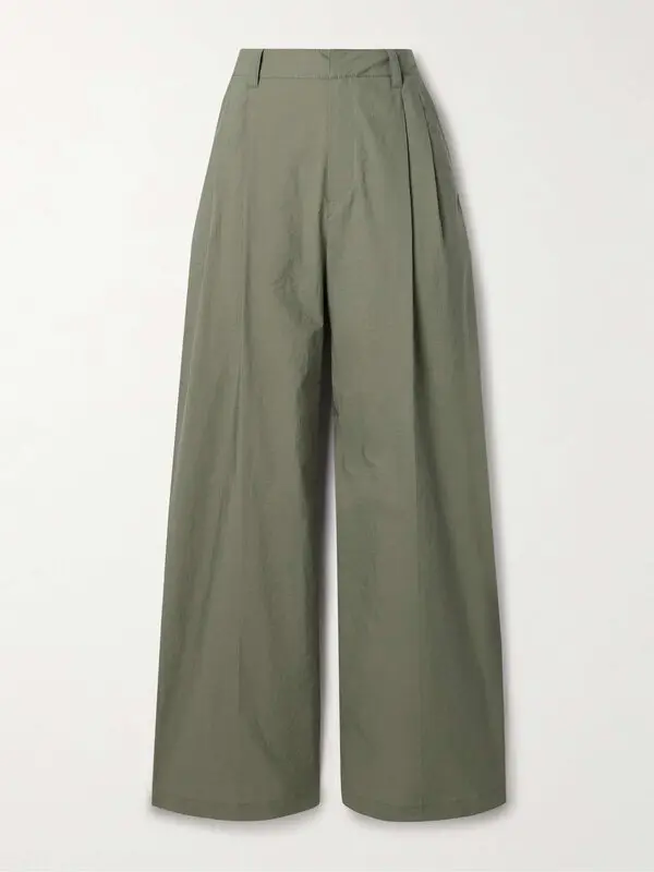 Brunello Cucinelli Pleated Wide-leg Cotton-blend Pants - Army Green