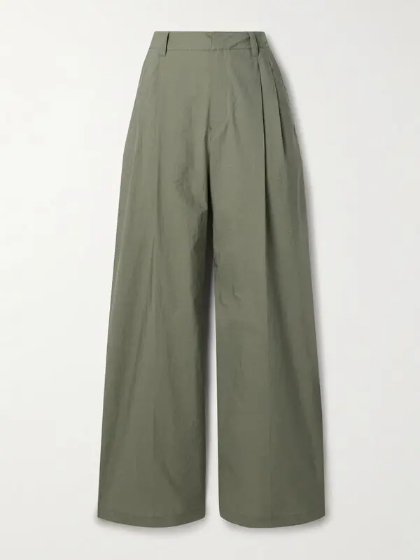 Brunello Cucinelli Pleated Wide-leg Cotton-blend Pants - Green