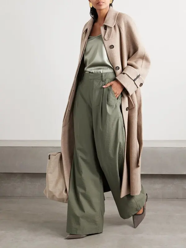Brunello Cucinelli Pleated Wide-leg Cotton-blend Pants - Green