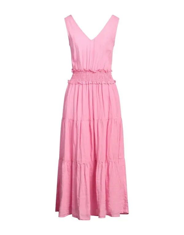 120% Lino Midi Linen Shirred Dress - Pink