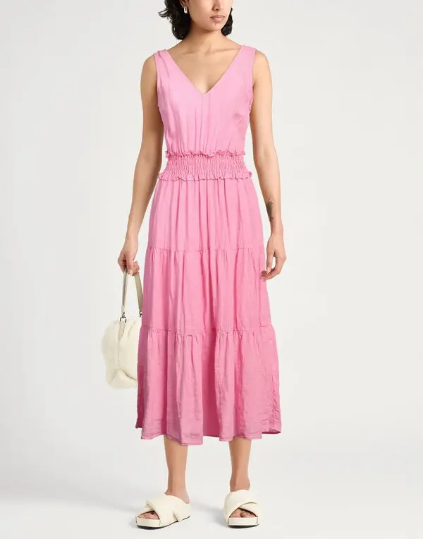 120% Lino Midi Linen Shirred Dress - Pink