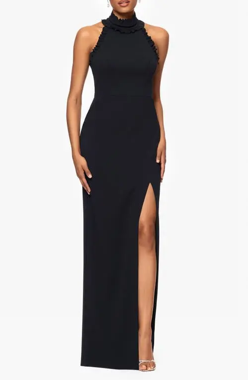 XSCAPE EVENINGS Ruffle Trim Mock Neck Evening Gown