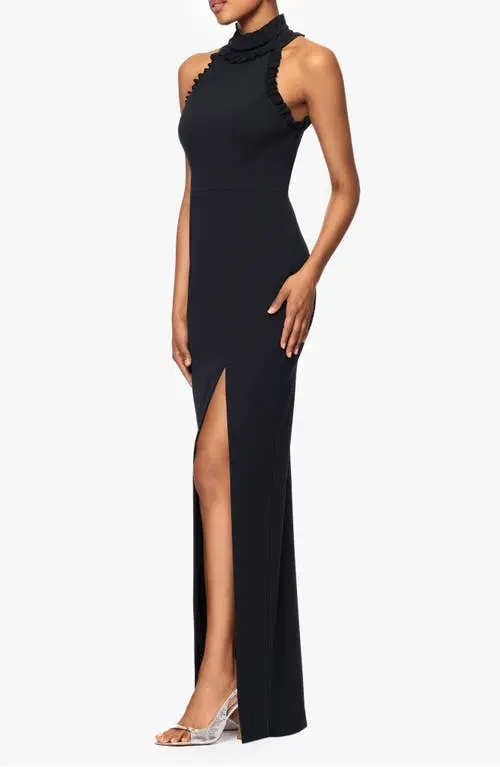 XSCAPE EVENINGS Ruffle Trim Mock Neck Evening Gown