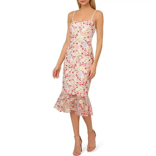 Adrianna Papell Embroidered Mesh Midi Dress - Ivory Multi | Editorialist