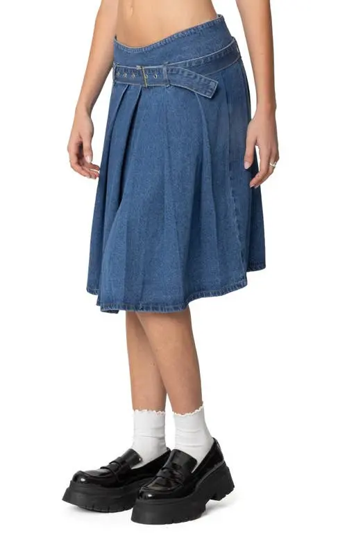 EDIKTED Belted Pleated Denim Midi Skirt