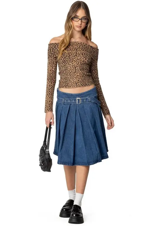 EDIKTED Belted Pleated Denim Midi Skirt