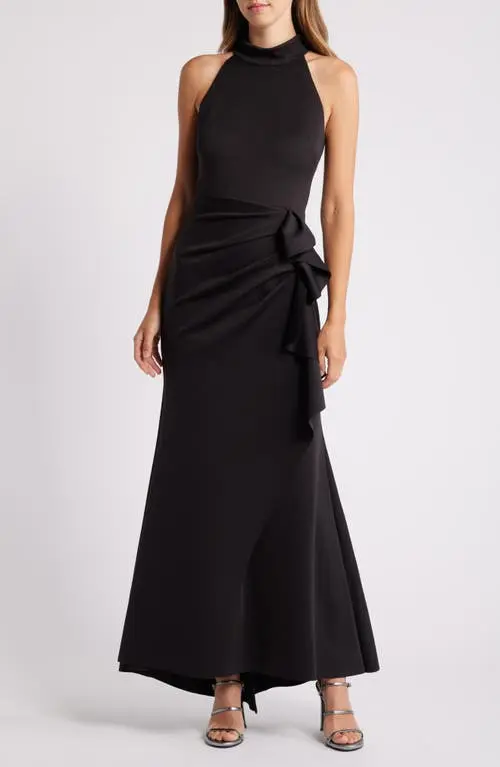 XSCAPE EVENINGS Ruffle Halter Neck Scuba Knit Gown