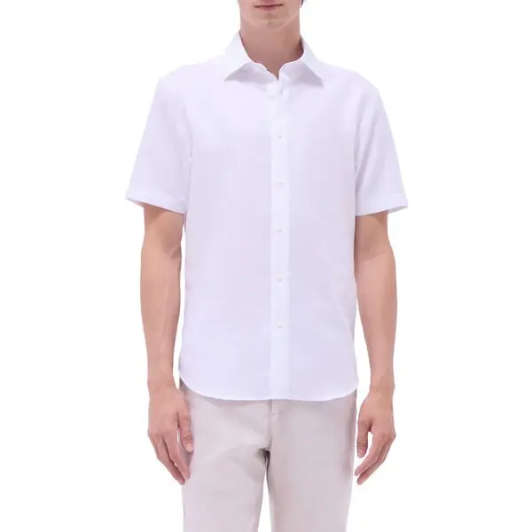 Bugatchi Orson Palm Tree Pattern Solid Short Sleeve Cotton & Linen Button-up Shirt - White