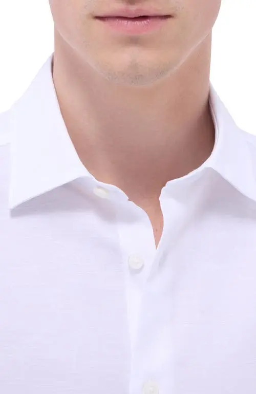 Bugatchi Orson Palm Tree Pattern Solid Short Sleeve Cotton & Linen Button-up Shirt - White
