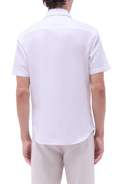 Bugatchi Orson Palm Tree Pattern Solid Short Sleeve Cotton & Linen Button-up Shirt - White