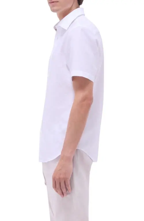 Bugatchi Orson Palm Tree Pattern Solid Short Sleeve Cotton & Linen Button-up Shirt - White